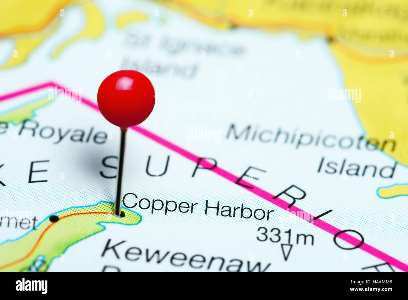 Copper Harbor pinned on a map of Michigan, USA Stock Photo - Alamy