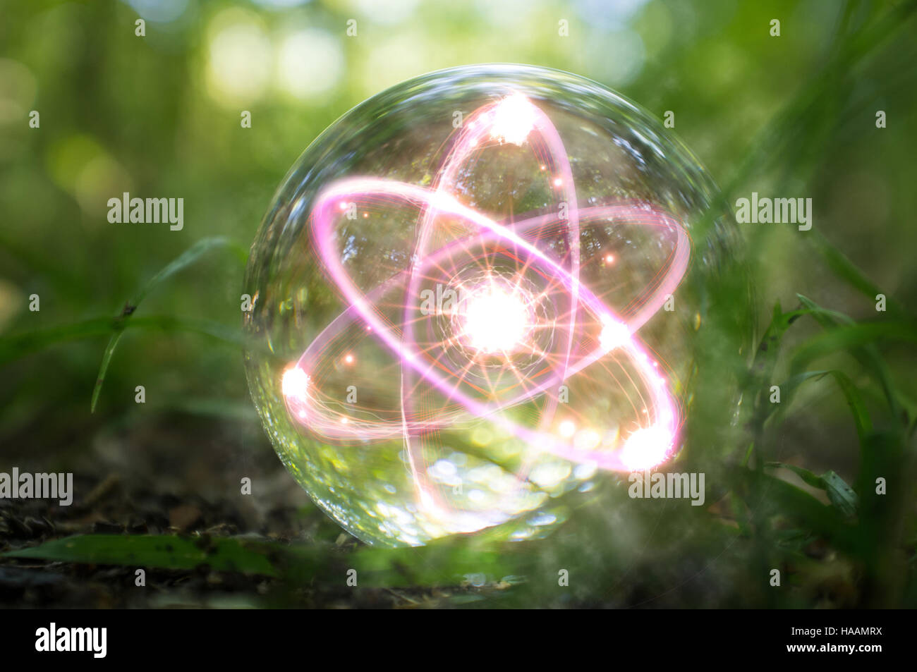 Magic crystal ball atom on forest floor for summer fantasy imagery ...