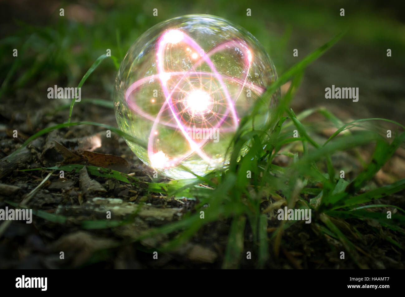 Magic crystal ball atom on forest floor for summer fantasy imagery ...