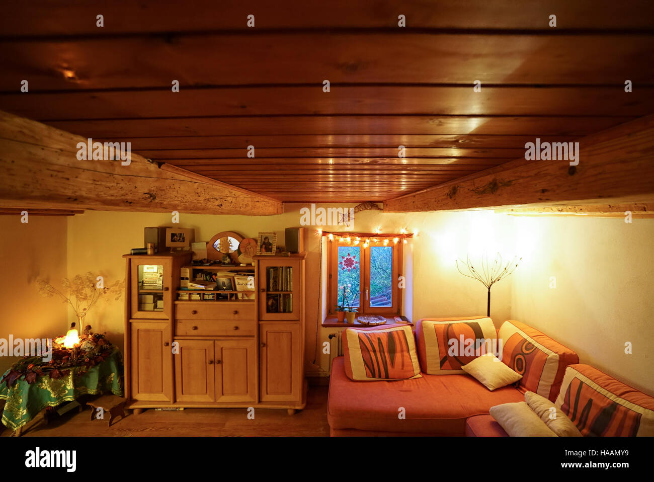 Interior of wooden village house, indoor view, tipycal countryside ...