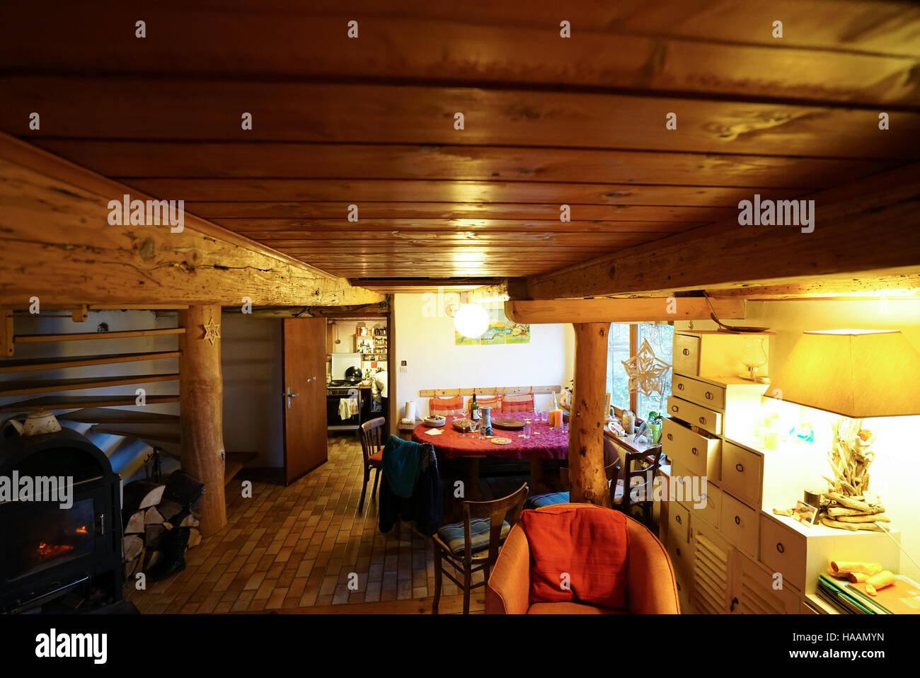 Interior of wooden village house, indoor view, tipycal countryside ...