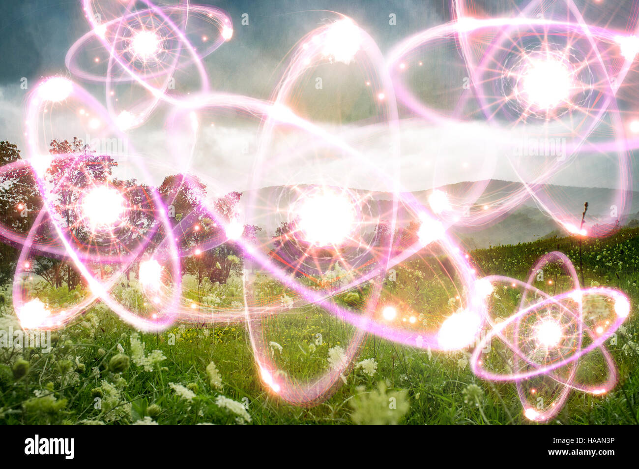 Magical landscape field with mountains and atomic particles Stock Photo ...