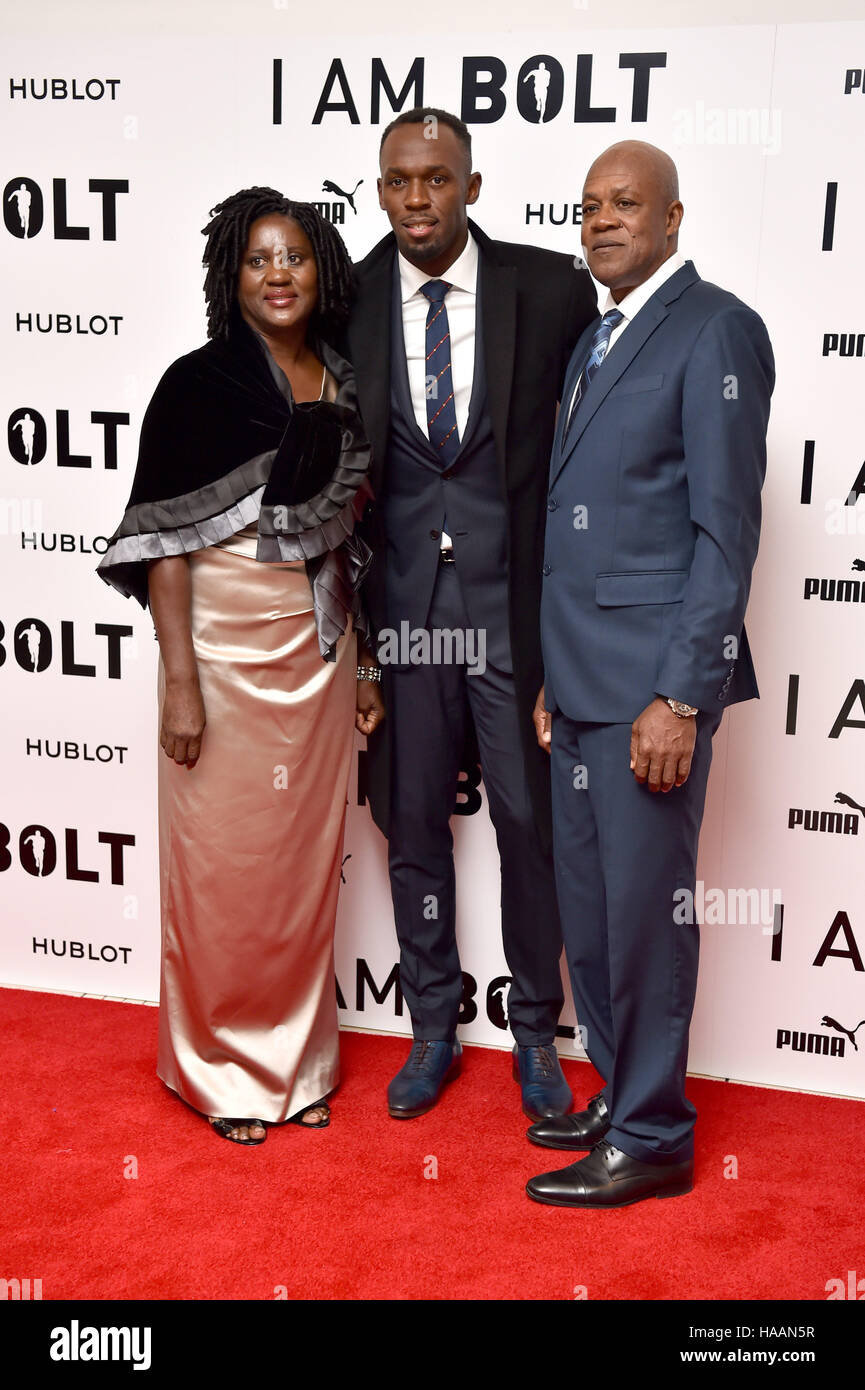 Jennifer Bolt, Usain Bolt and Wellesley Bolt attending the 'I Am Bolt ...