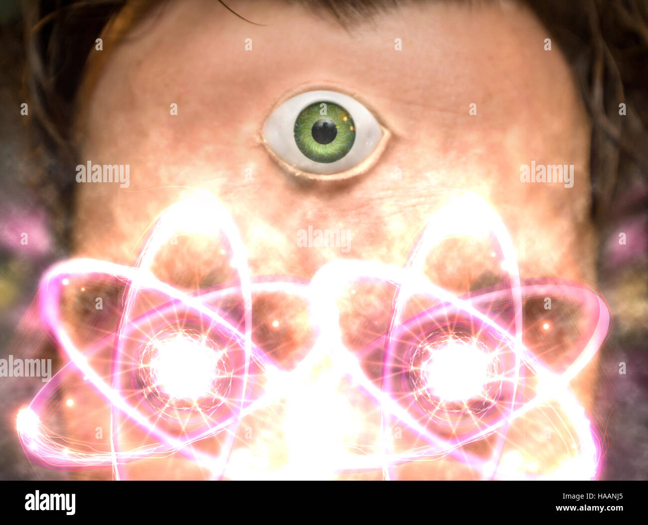 Man with third eye and atomic particles for science and fantasy ...