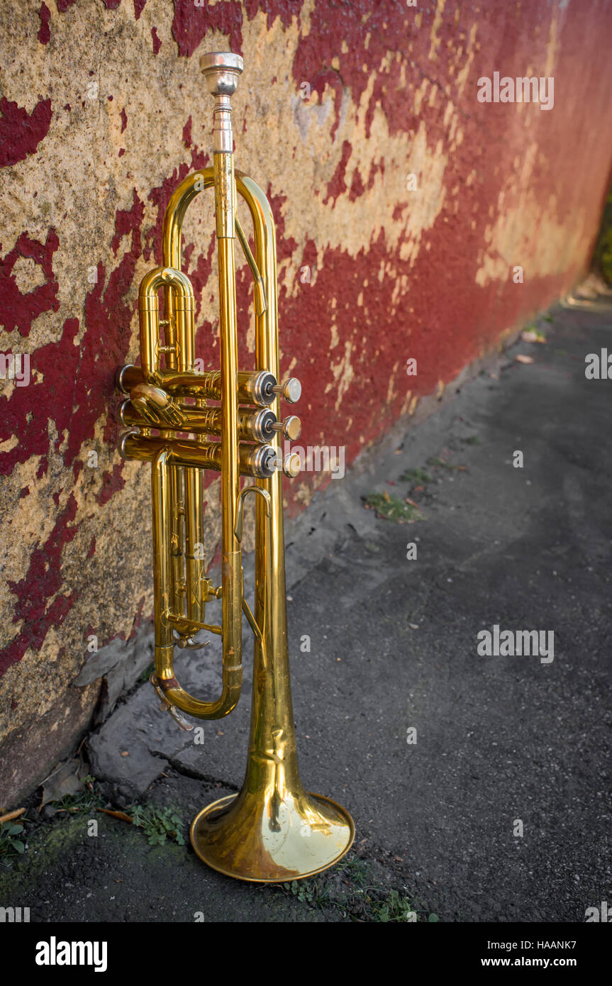 Old worn trumpet stands alone against a grungy pealing brick wall Stock ...