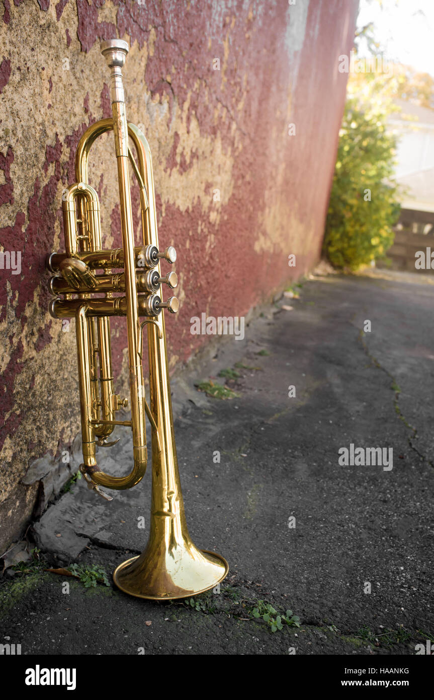 Old worn trumpet stands alone against a grungy pealing brick wall Stock ...