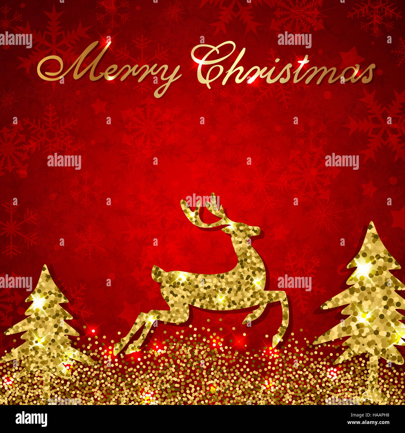 Christmas red background with golden glitter deer and firs. Design for ...