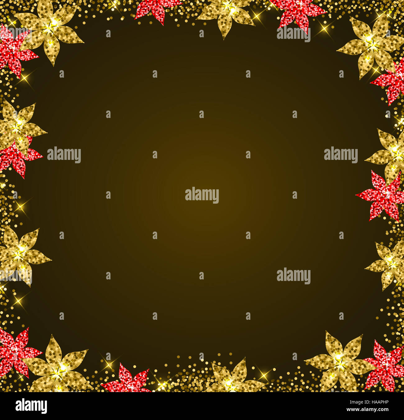 Decorative glitter holiday frame with golden and red flowers. Shining ...
