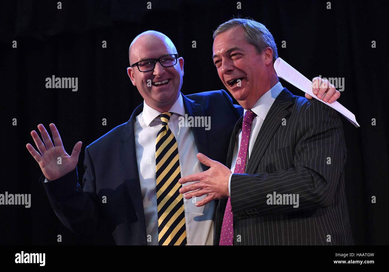 Paul Nuttall (left) is congratulated by Nigel Farage after he was ...