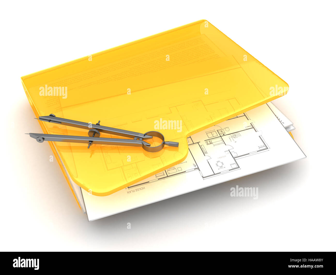 3d illustration of house blueprints project folder, over white ...