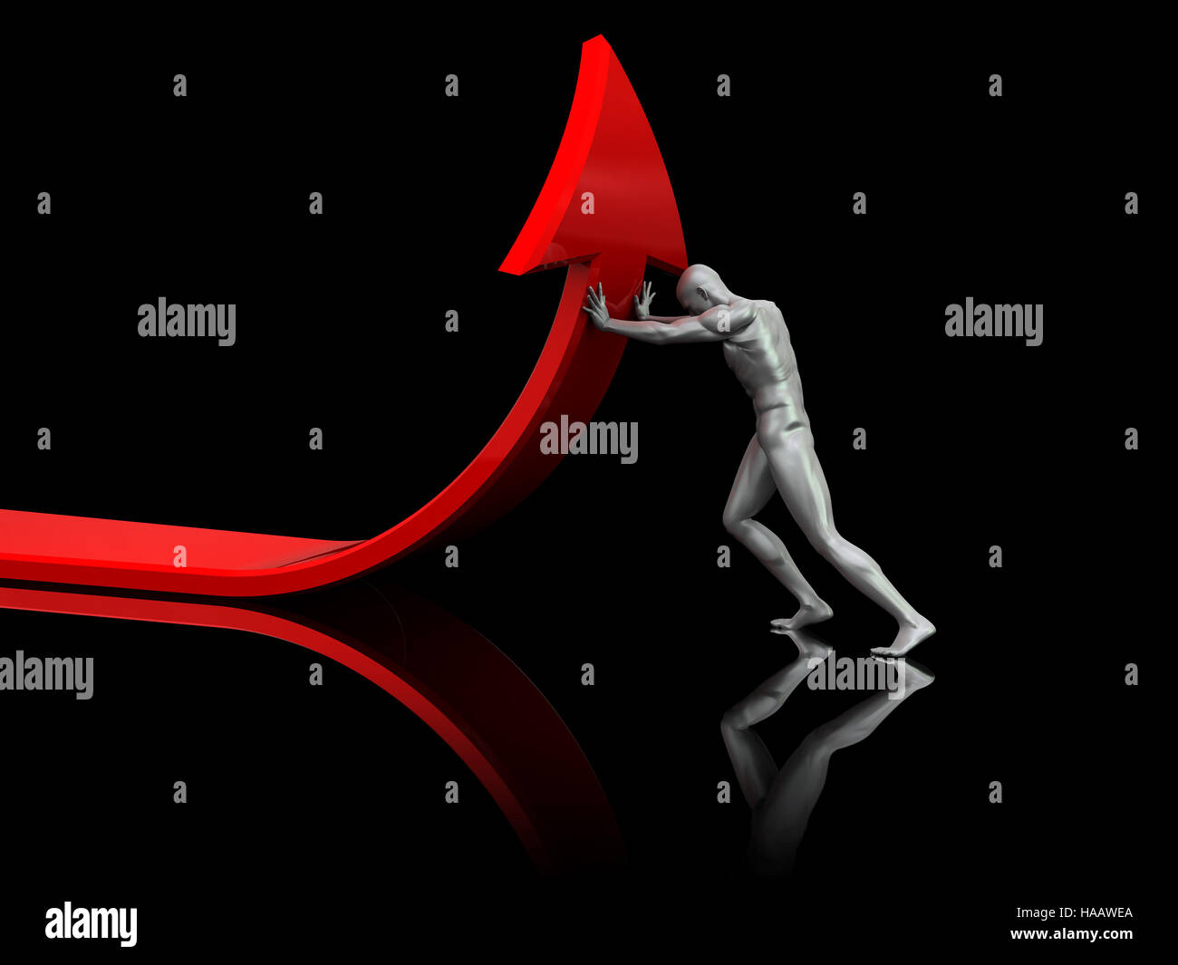 abstract 3d illustration of man pushing red arrow uppward Stock Photo ...