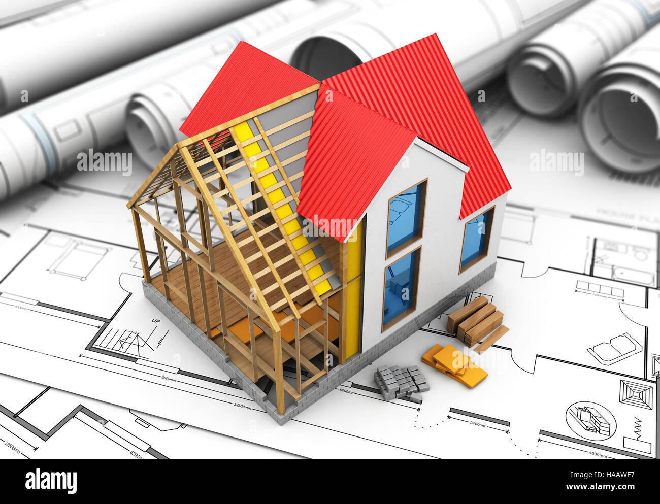 3d illustration of frame house structure over blueprints Stock Photo ...
