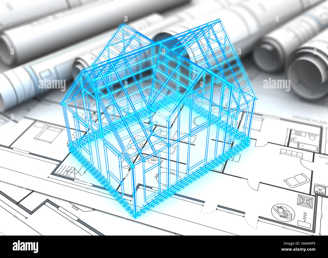 3d illustration of house blueprints and wireframe model Stock Photo - Alamy