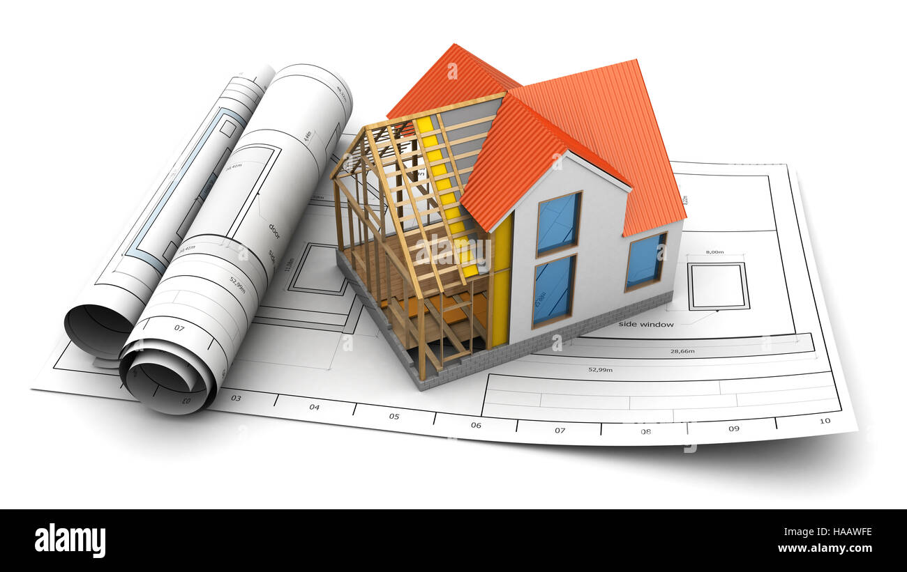 3d illustration blueprints house model Cut Out Stock Images & Pictures ...