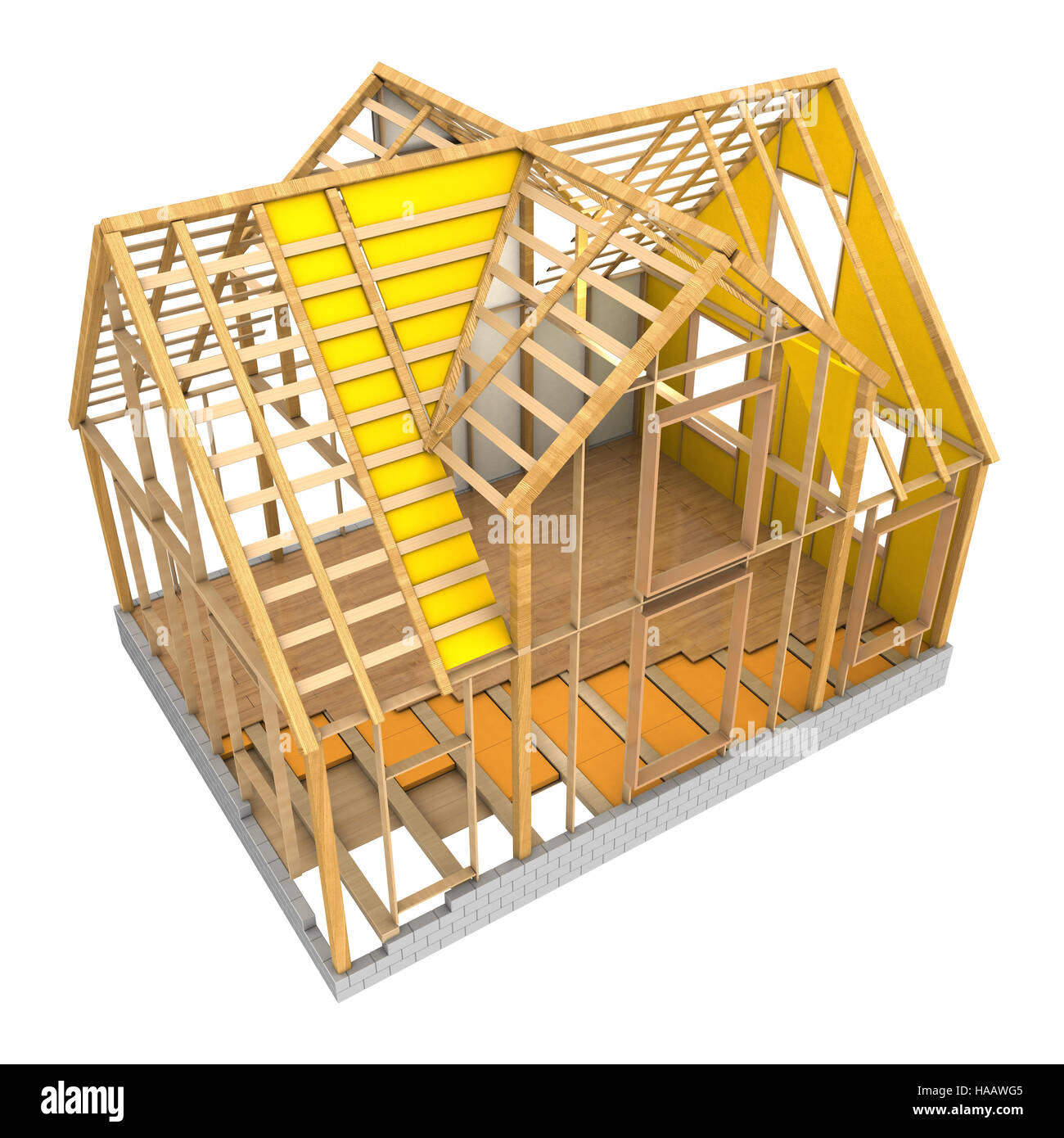 3d illustration of house wooden frame and insulation, isolated over ...