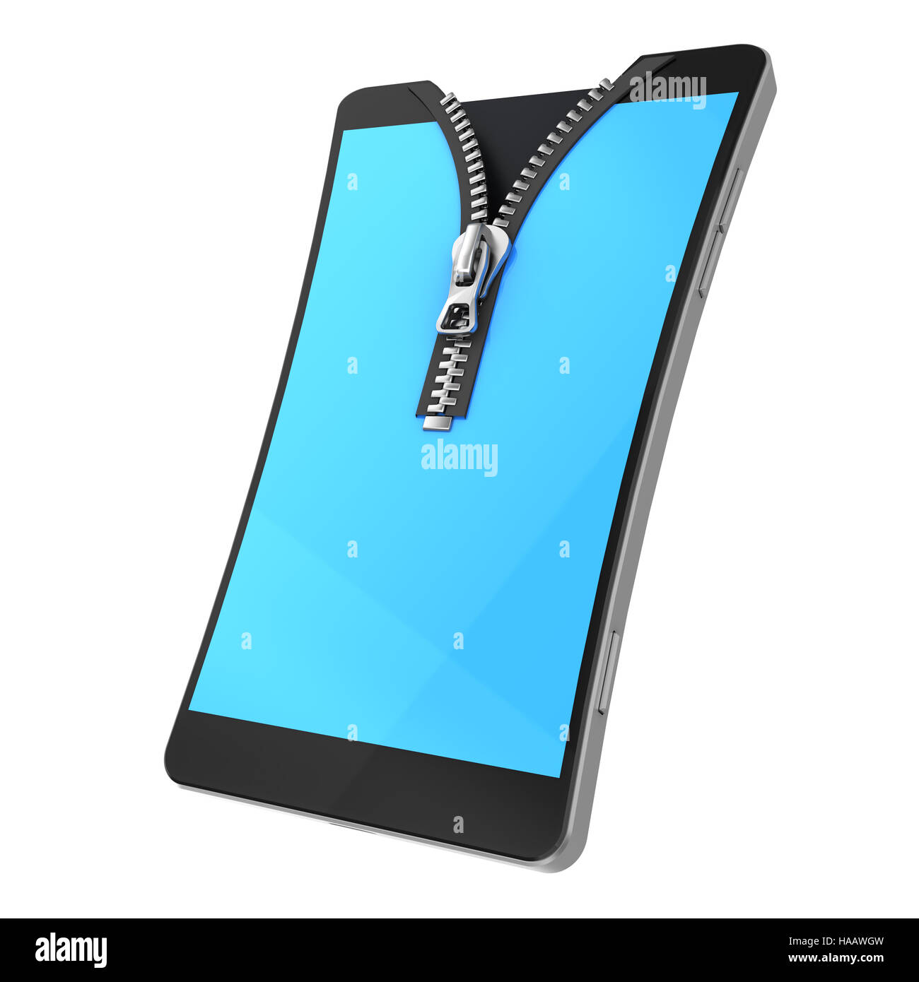 3d illustration of mobile phone with zip opened, over white background ...
