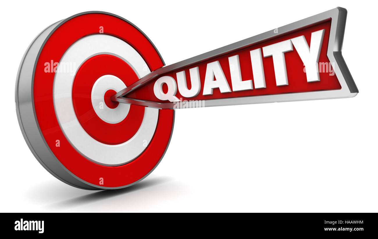 3d illustration of arrow with sign quality hit target Stock Photo - Alamy
