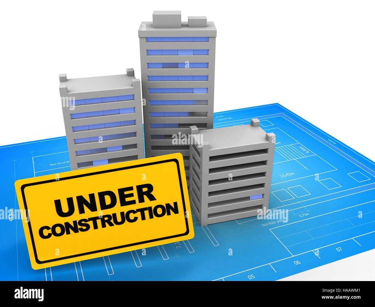 3d illustration of buildings under construction symbol over blueprint ...