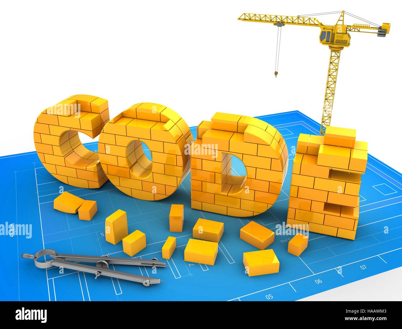3d illustration of crane building code text over blueprint Stock Photo ...