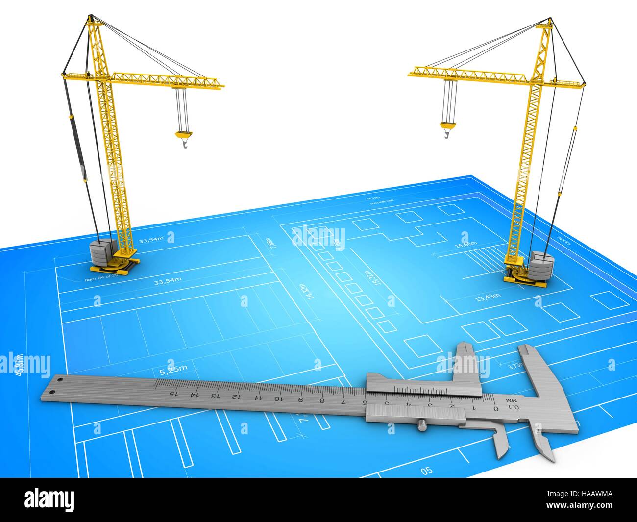 3d illustration of two cranes over blueprint Stock Photo - Alamy
