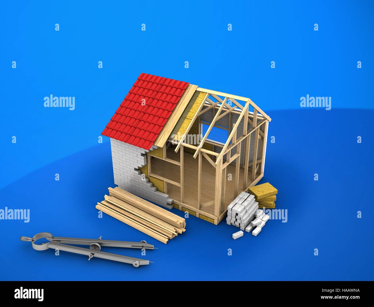 3d illustration of house frame design over blue background Stock Photo ...