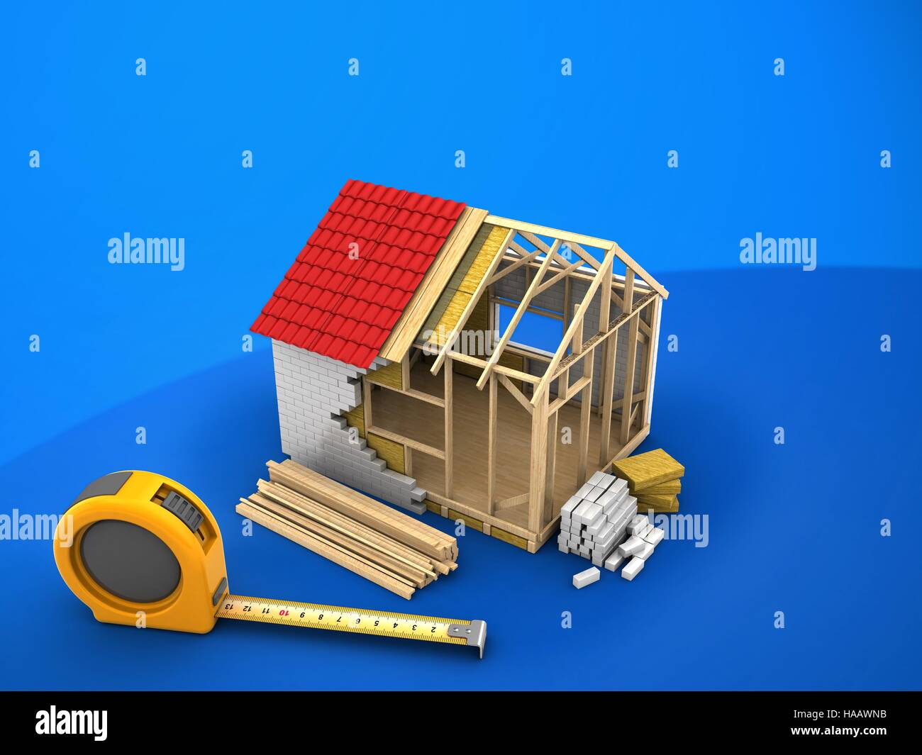 3d illustration of house frame design over blue background Stock Photo ...