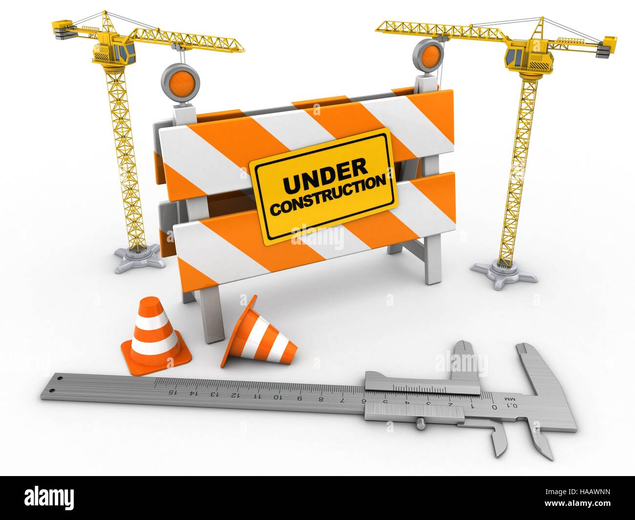 3d illustration of two cranes building under construction symbol over ...