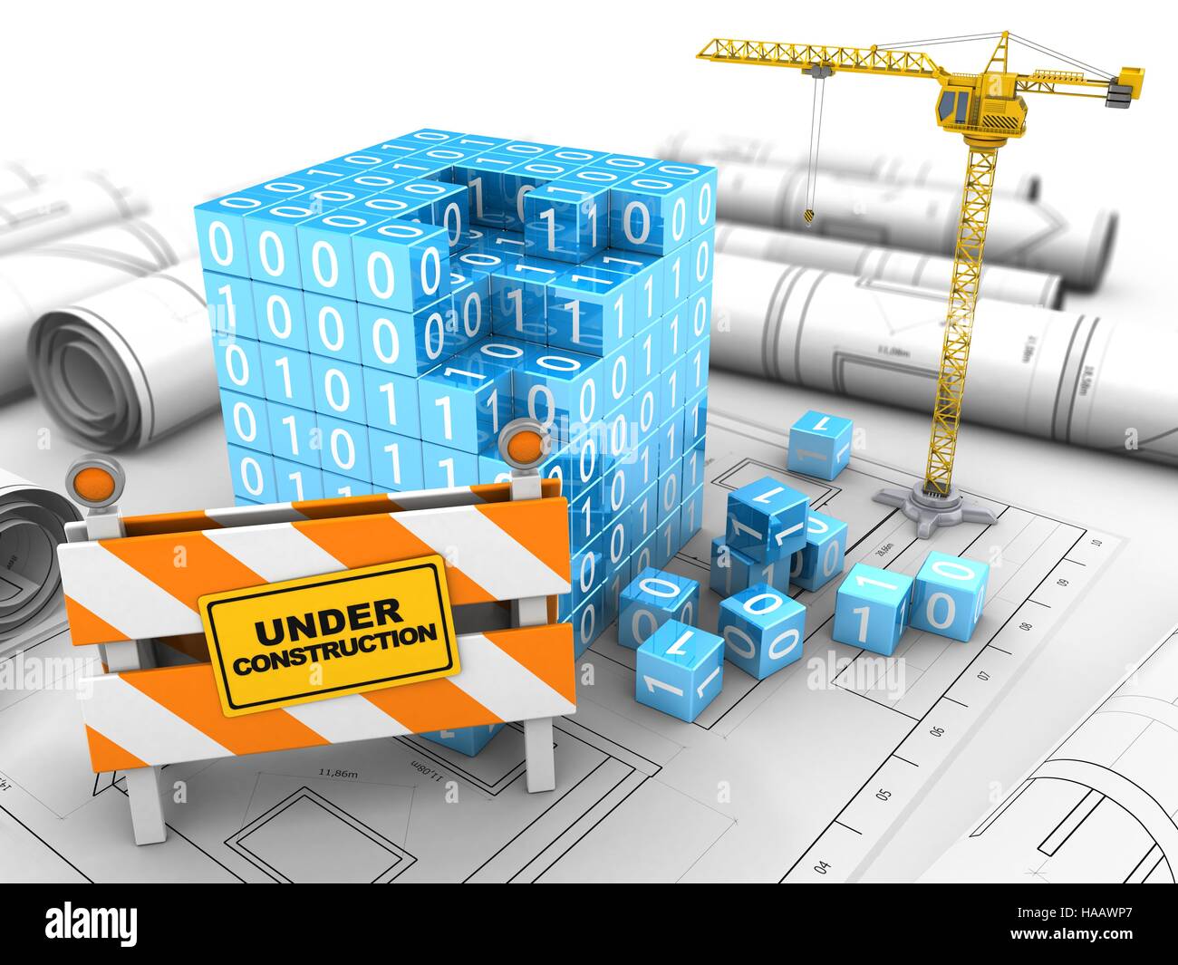 3d illustration of crane under construction binary build over ...