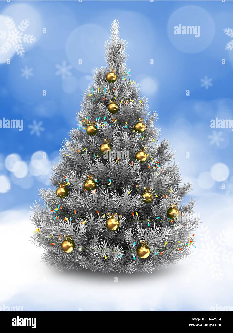 3d illustration of Christmas silver tree with decorations and gold ball ...