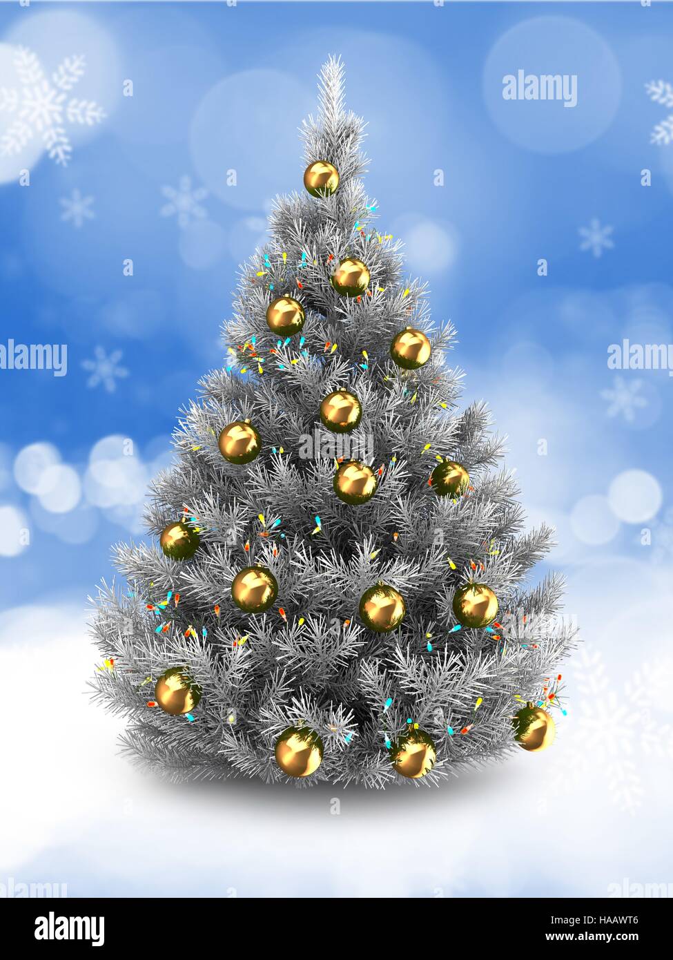 3d illustration of Christmas silver tree with decorations and gold ball ...