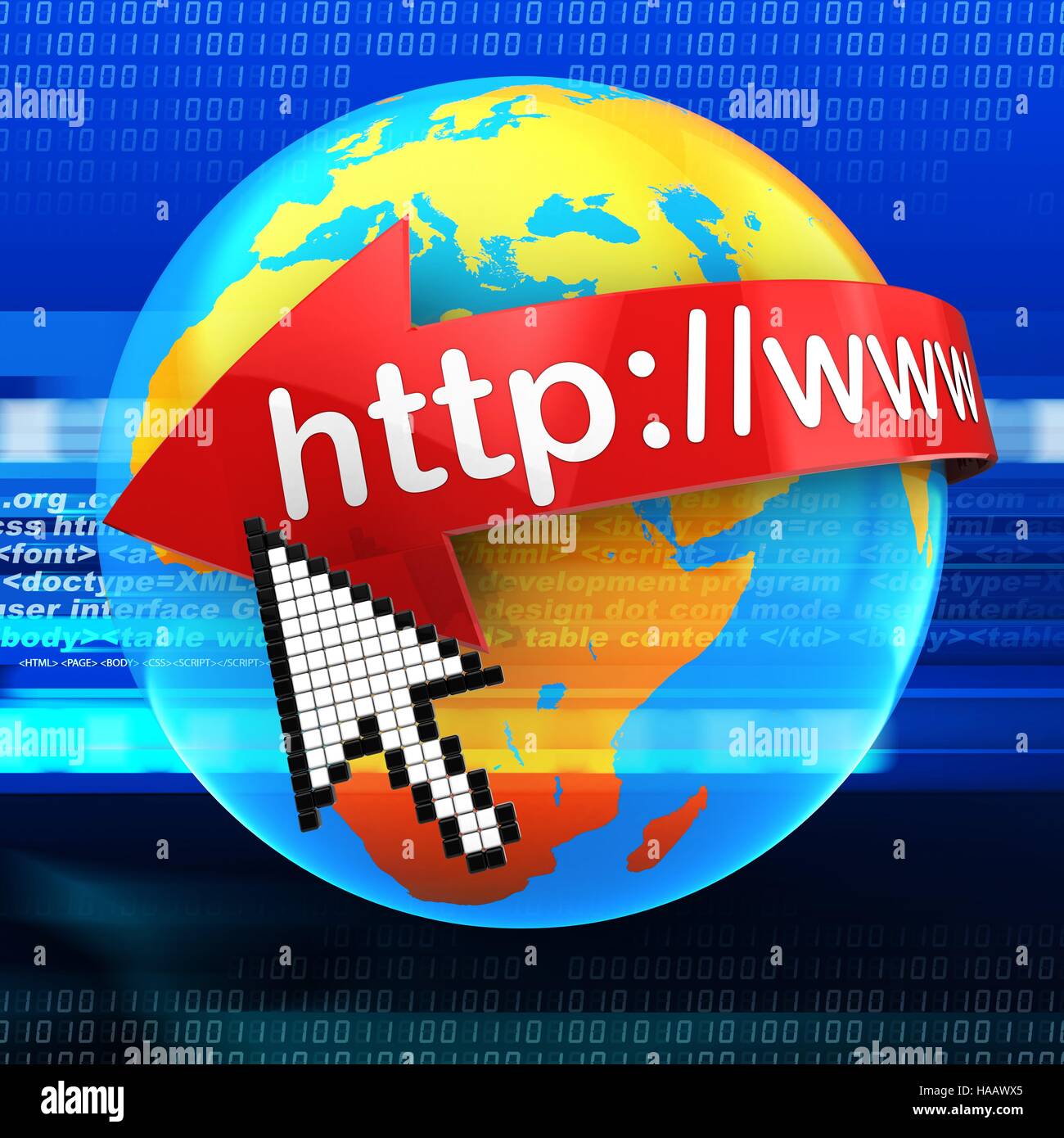 3d illustration of earth globe with red arrow and mouse cursor over ...