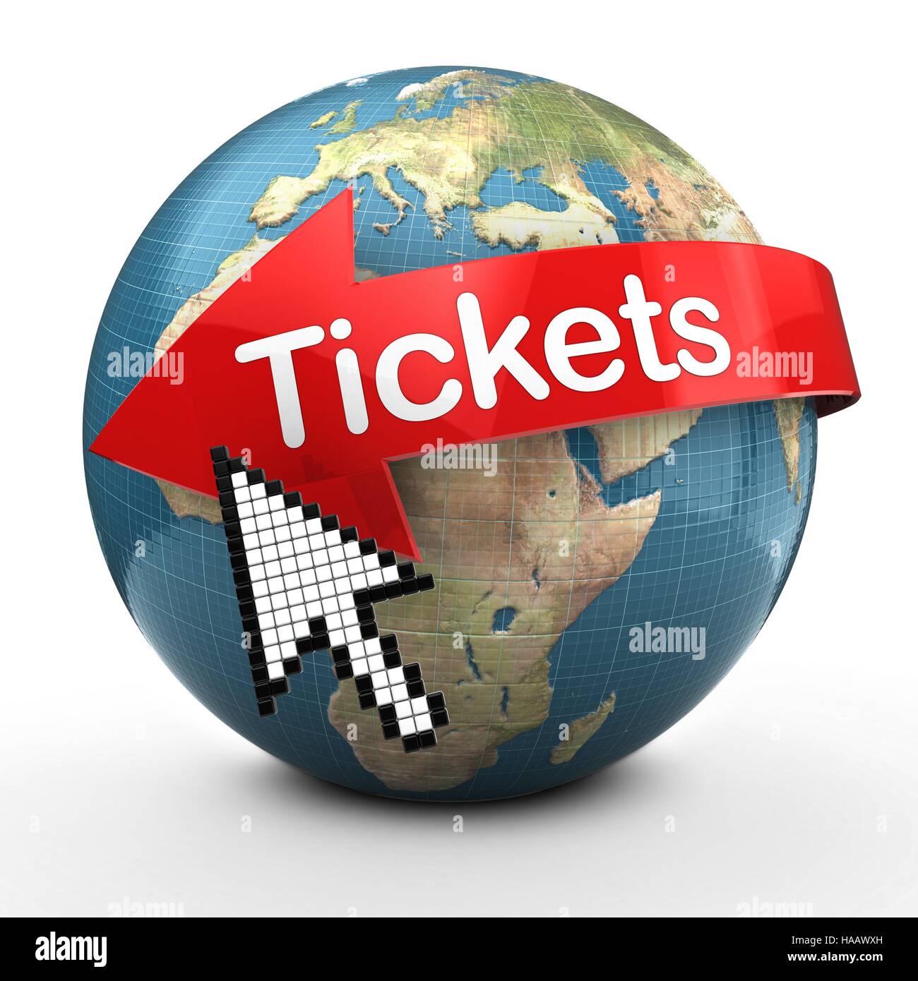 3d illustration of earth globe with red arrow and mouse cursor over ...