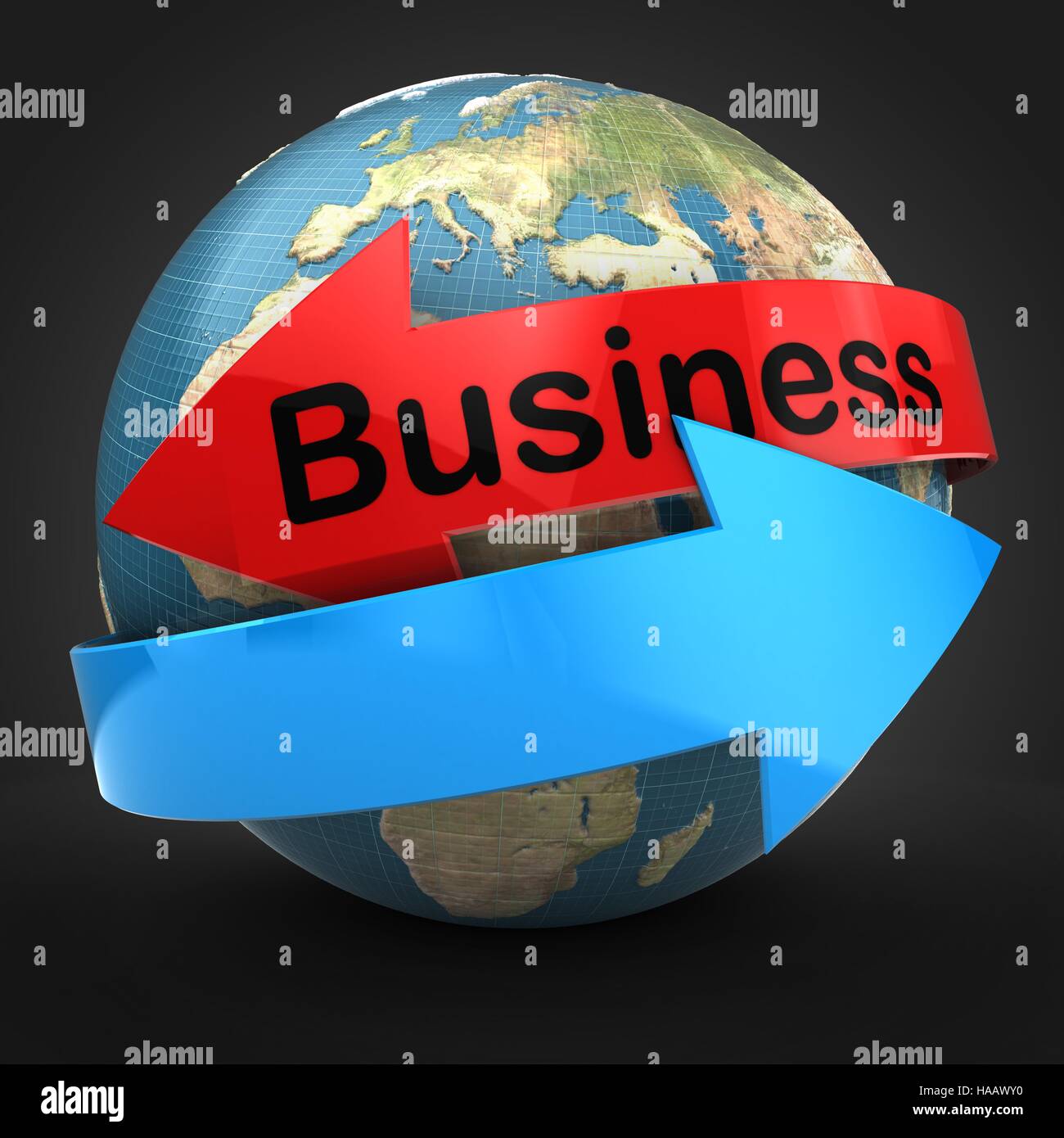 3d illustration of earth globe with blue and red arrows over black ...