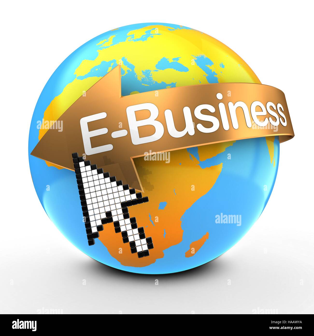 3d illustration of earth globe with gold arrow and mouse cursor, over ...