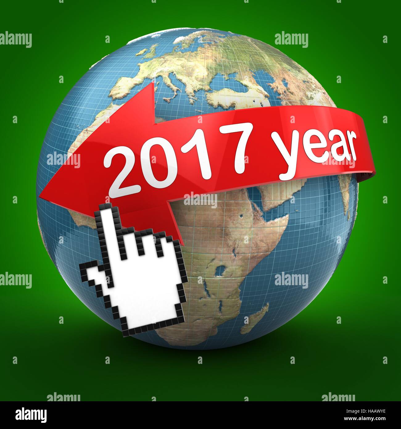 3d Illustration Of Earth Globe And Mouse Cursor Over Green Background