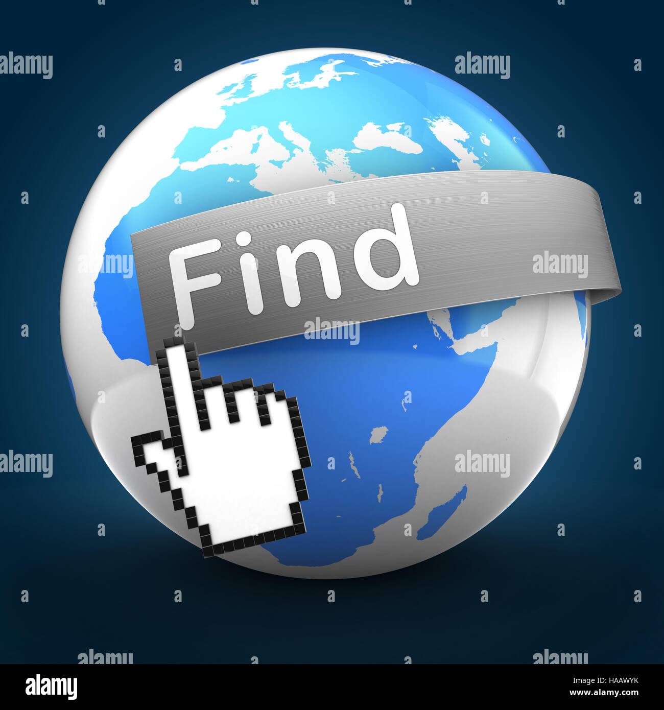 3d illustration of earth globe and mouse cursor, over blue background ...
