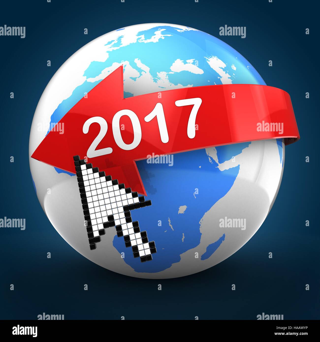 3d illustration of earth globe and mouse cursor 2017 year, over blue ...