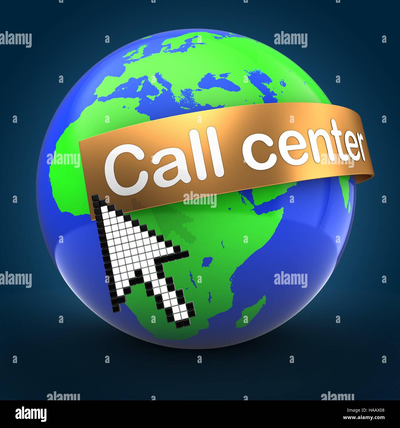 3d illustration of earth globe and mouse cursor, over blue background ...