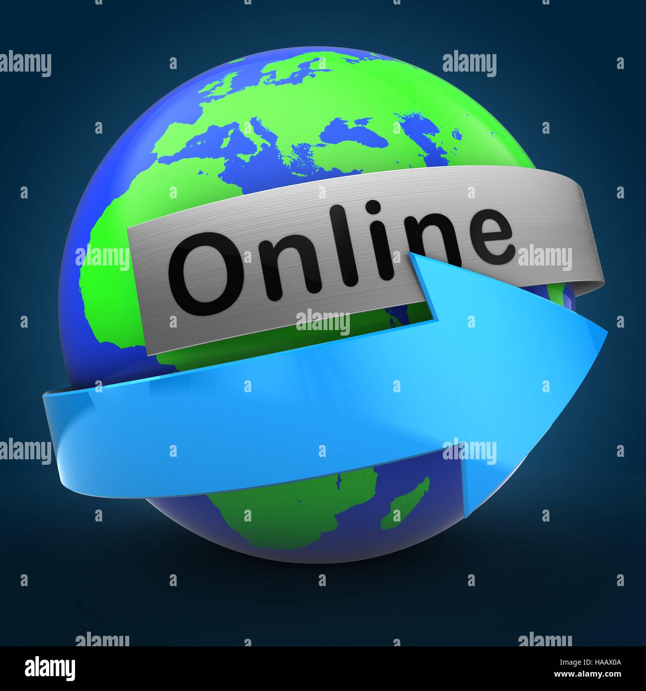 3d illustration of earth globe and mouse cursor, over blue background ...
