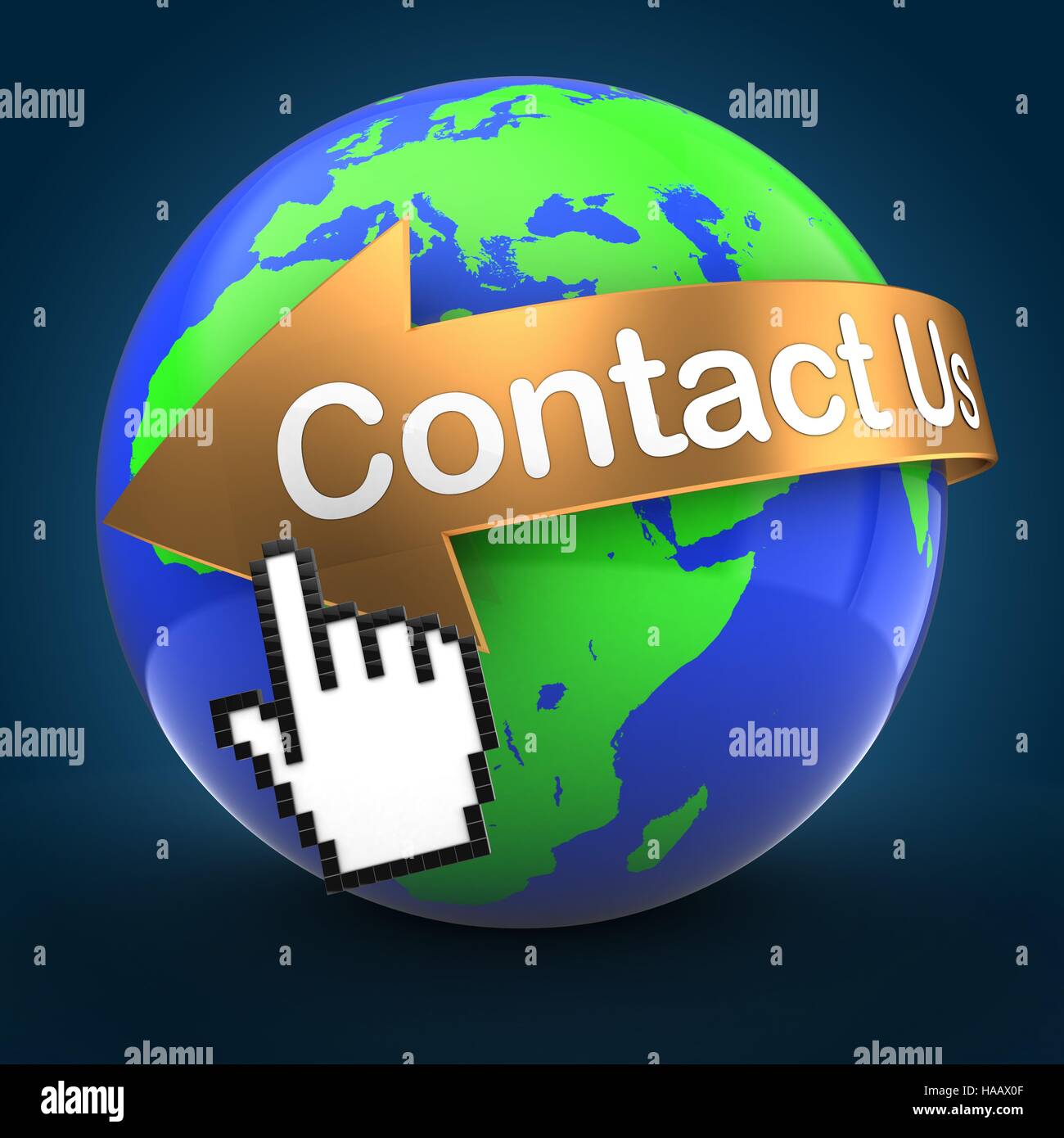 3d illustration of earth globe and mouse cursor, over blue background ...