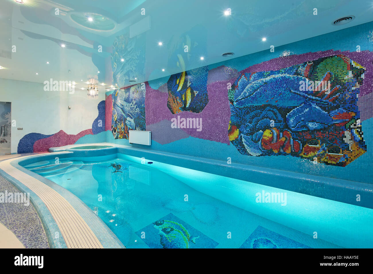 Spa swimming pool design with mosaic fish on the wall and blue mosaic ...