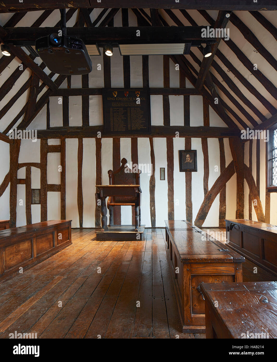 Classroom with teacher's desk and wooden chests. Shakespeare's ...