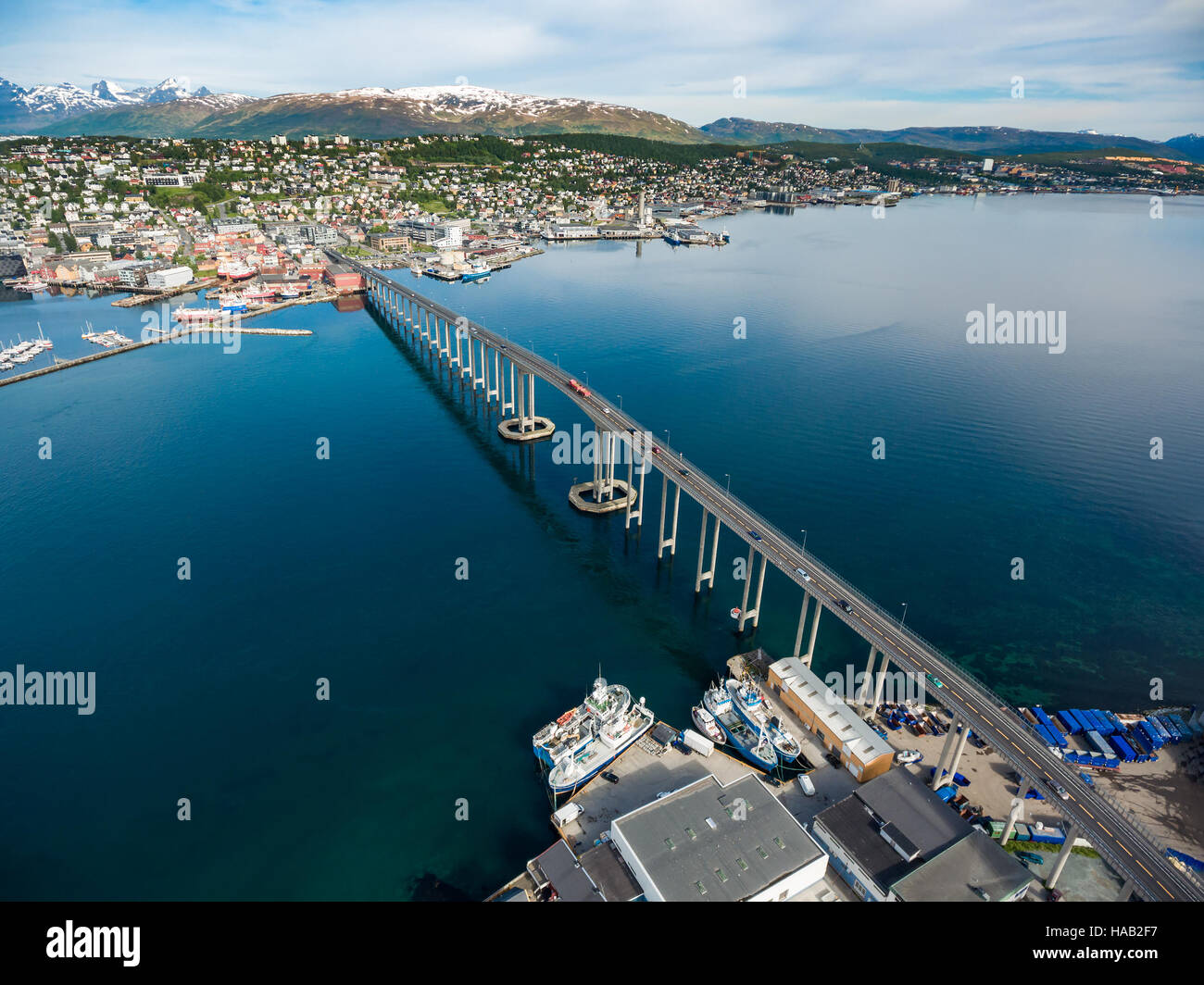 Bridge of city Tromso, Norway aerial photography. Tromso is considered ...