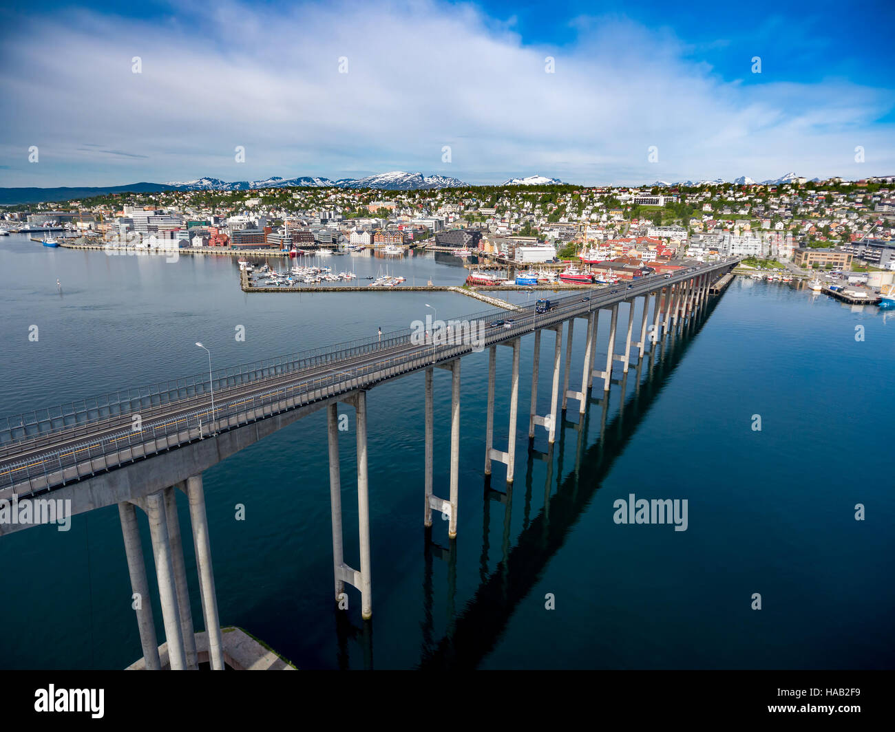 Bridge of city Tromso, Norway aerial photography. Tromso is considered ...