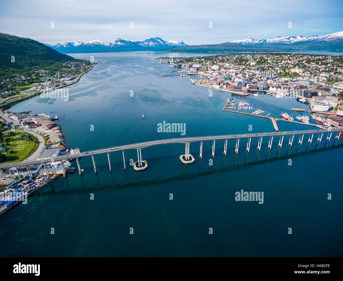 Bridge of city Tromso, Norway aerial photography. Tromso is considered ...