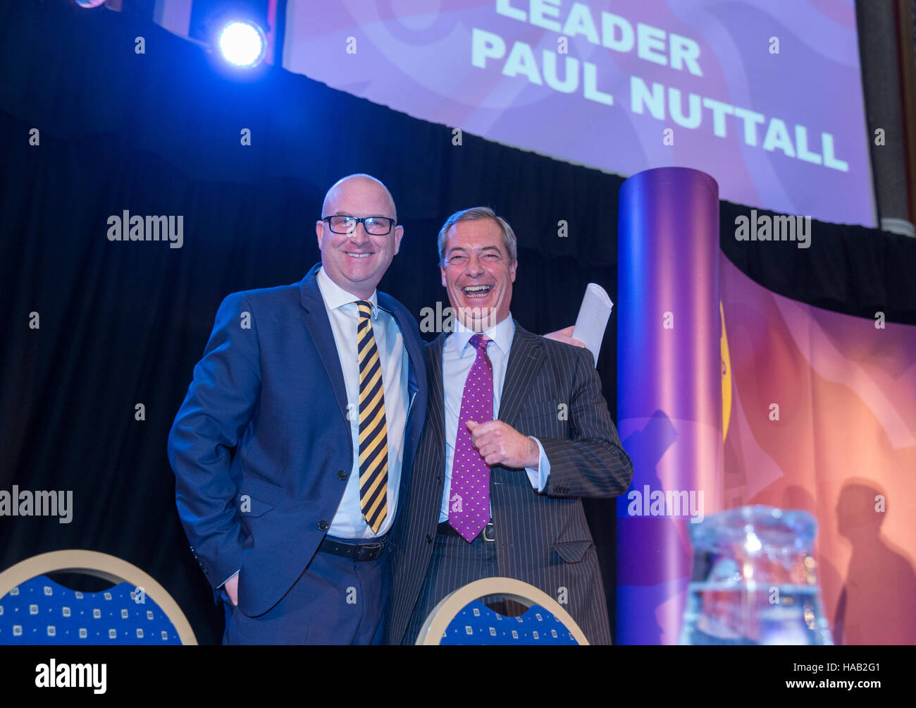 New UKIP leader,Paul Nuttall,is congratulated by Nigel Farage as he is ...