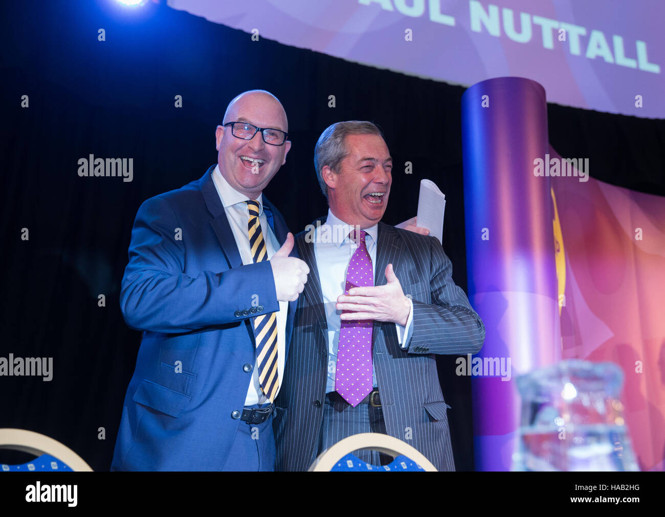 New UKIP leader,Paul Nuttall,is congratulated by Nigel Farage as he is ...