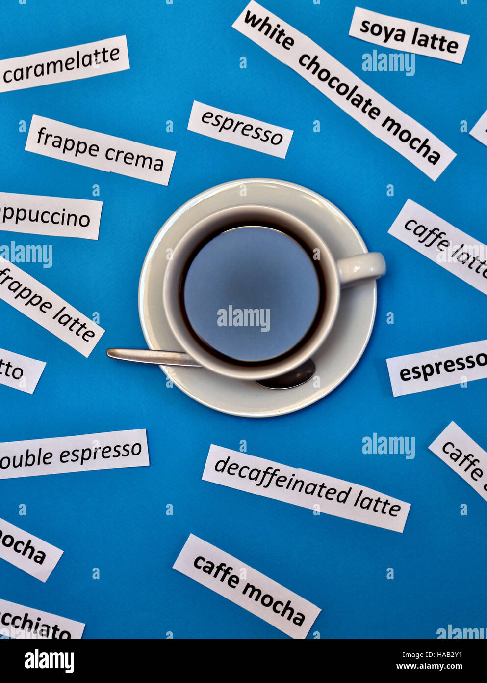 Variety of coffees available in typical London coffee bar chain Stock ...