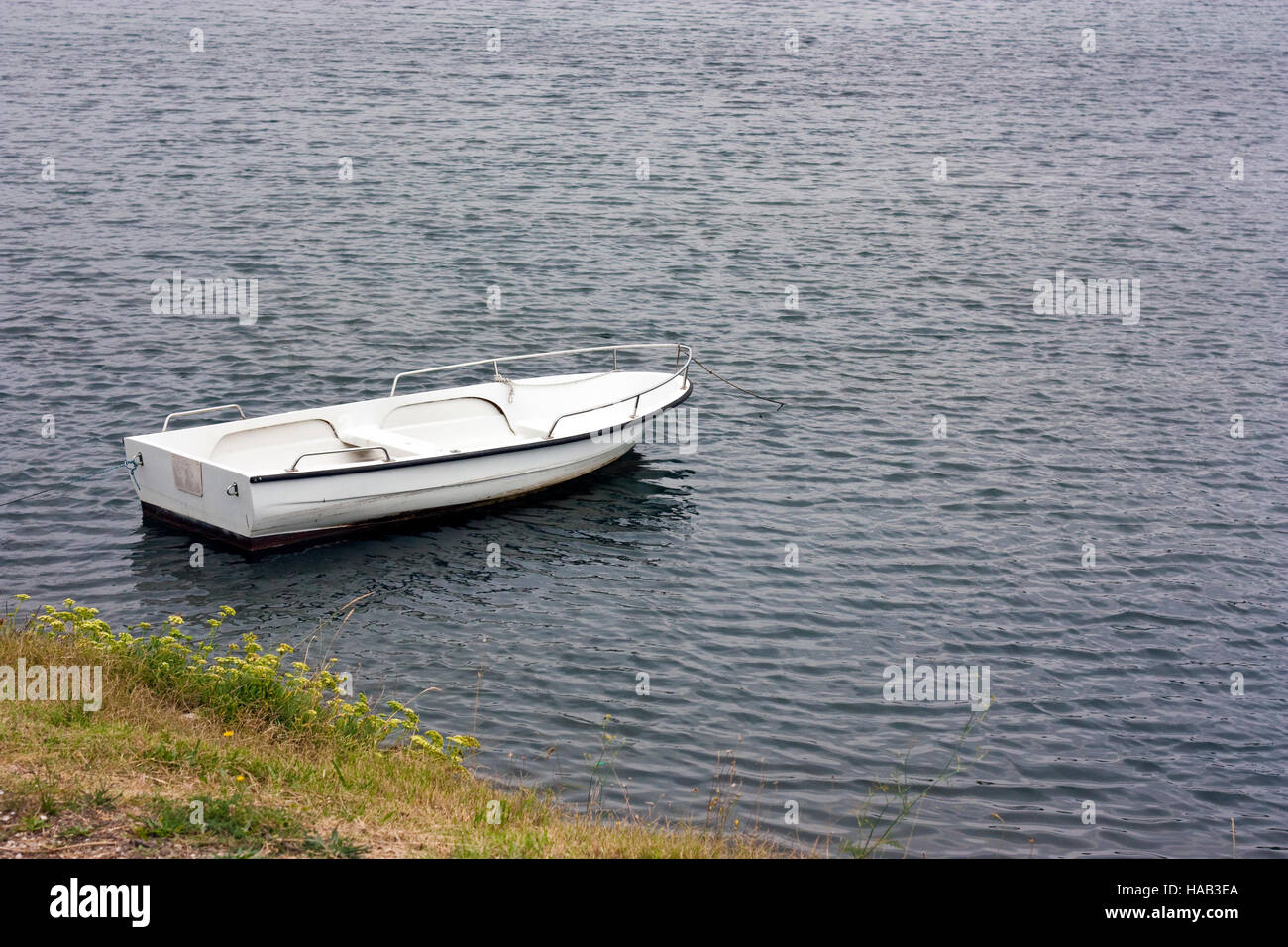 White rowboat anchored near meadow in adriatic Stock Photo - Alamy