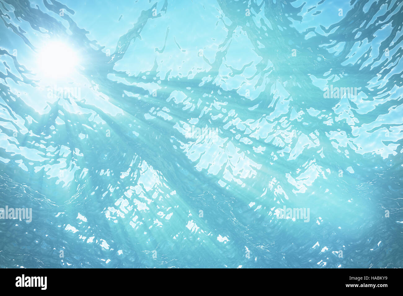 rendering underwater sea, ocean surface with light rays, high ...